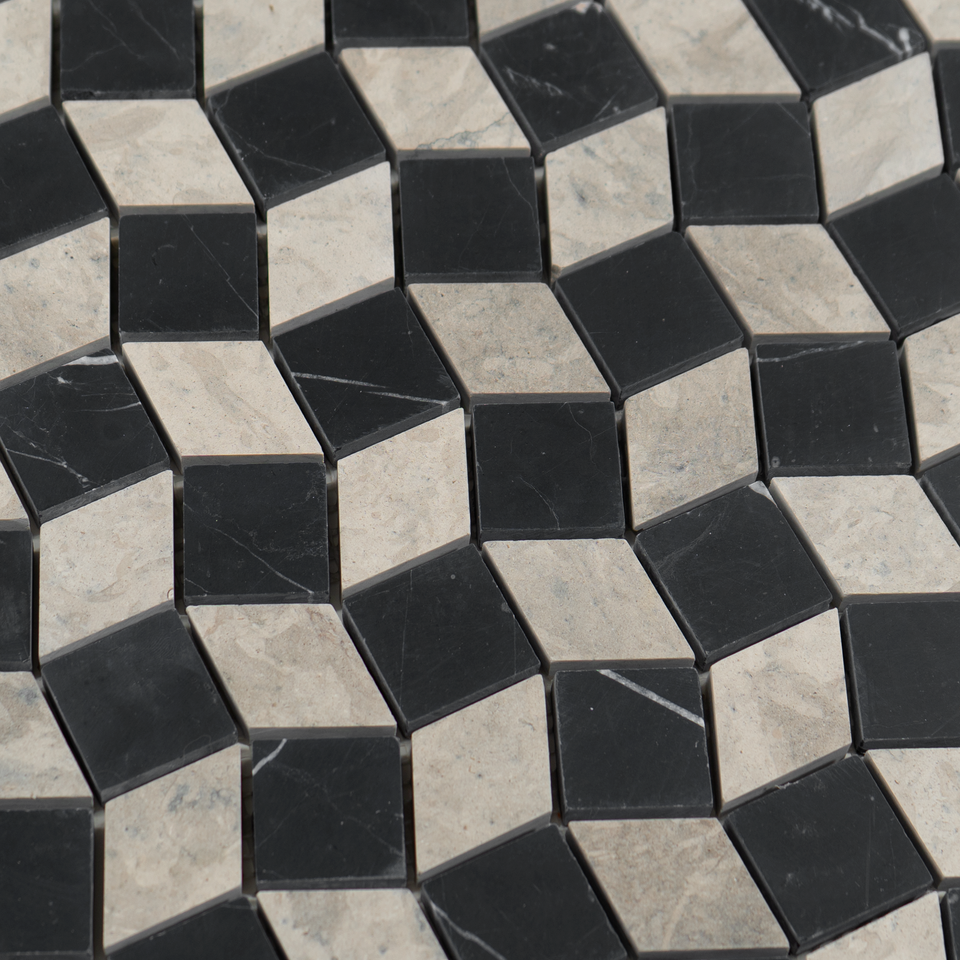 Mosaico Piazza Tala Grey with Nero Marquina Marble Honed Mosaic Tile ...