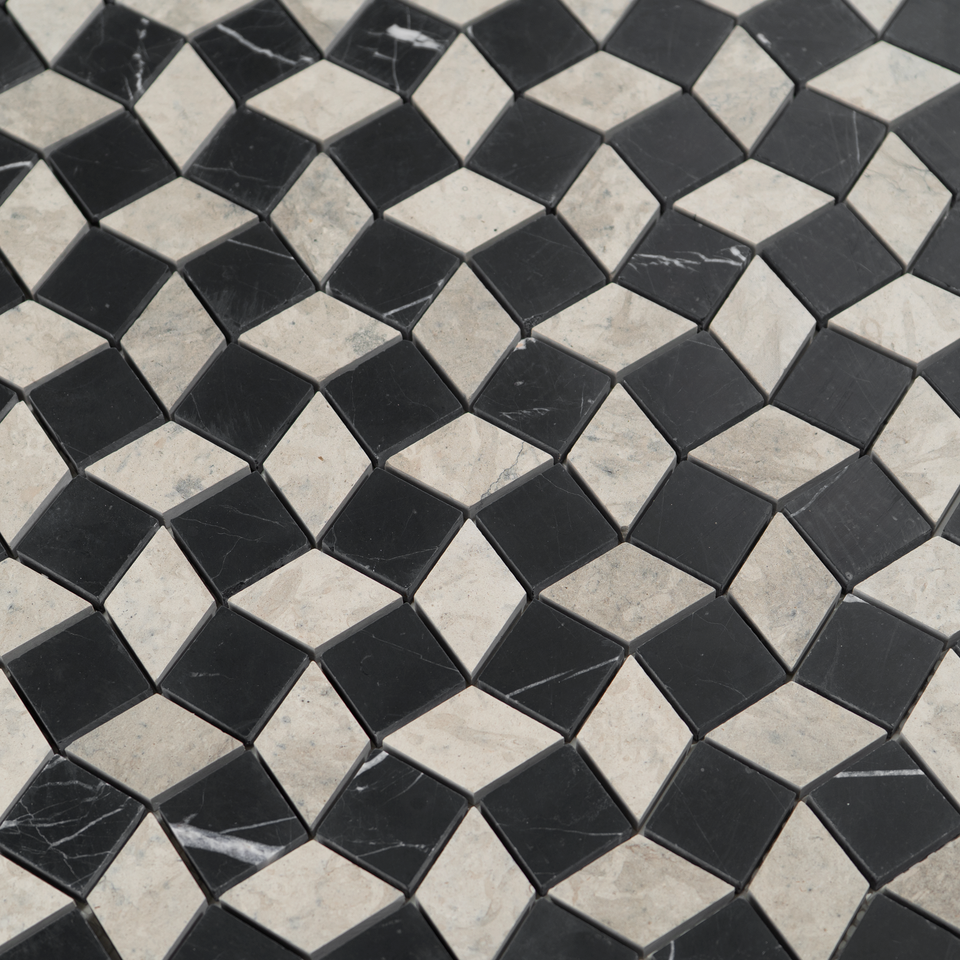 Mosaico Piazza Tala Grey with Nero Marquina Marble Honed Mosaic Tile ...